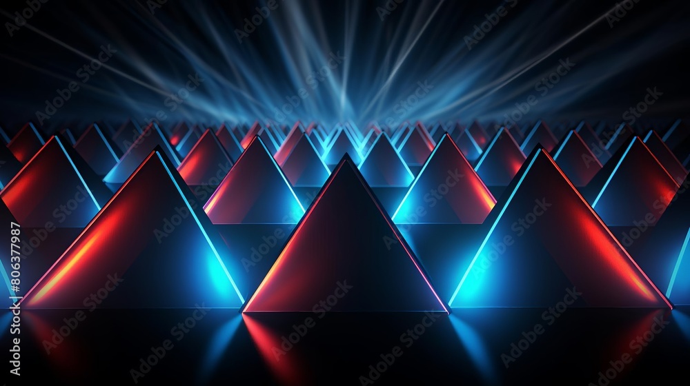 The image is a dark background with red and blue pyramids. The pyramids ...