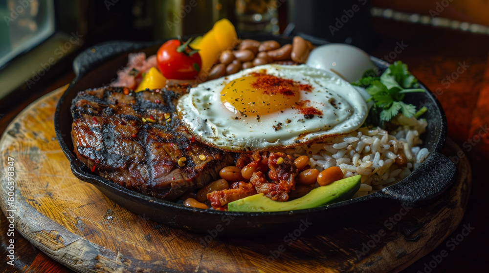 Hearty serving of colombian bandeja paisa with grilled steak, rice ...