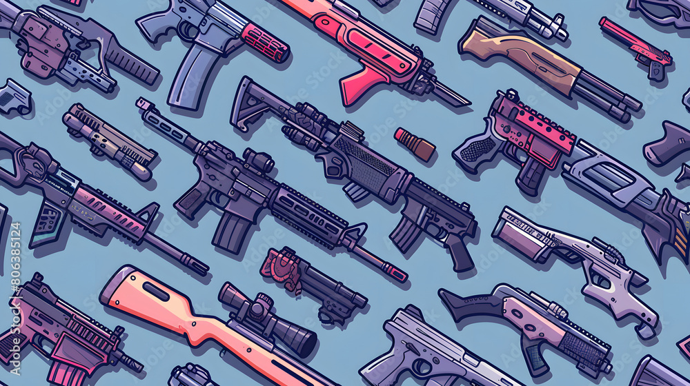Colorful illustrated seamless pattern background with various guns and ...
