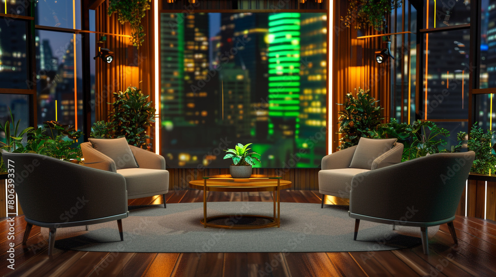 An inviting talk show set with cozy seating and warm lighting ...