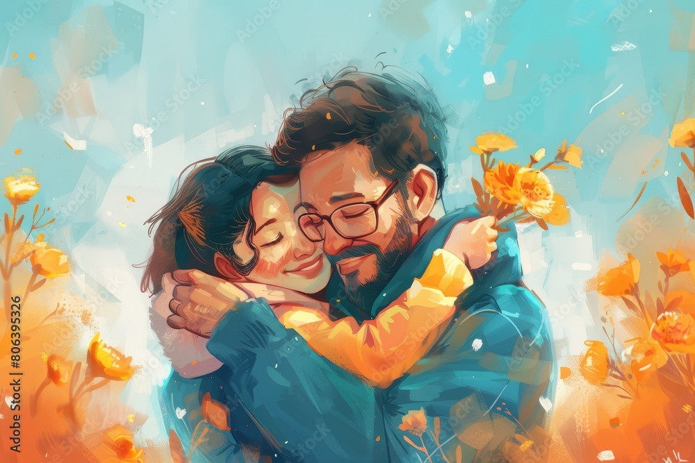 Child with present for father. Father hugging his child. Daughter with ...