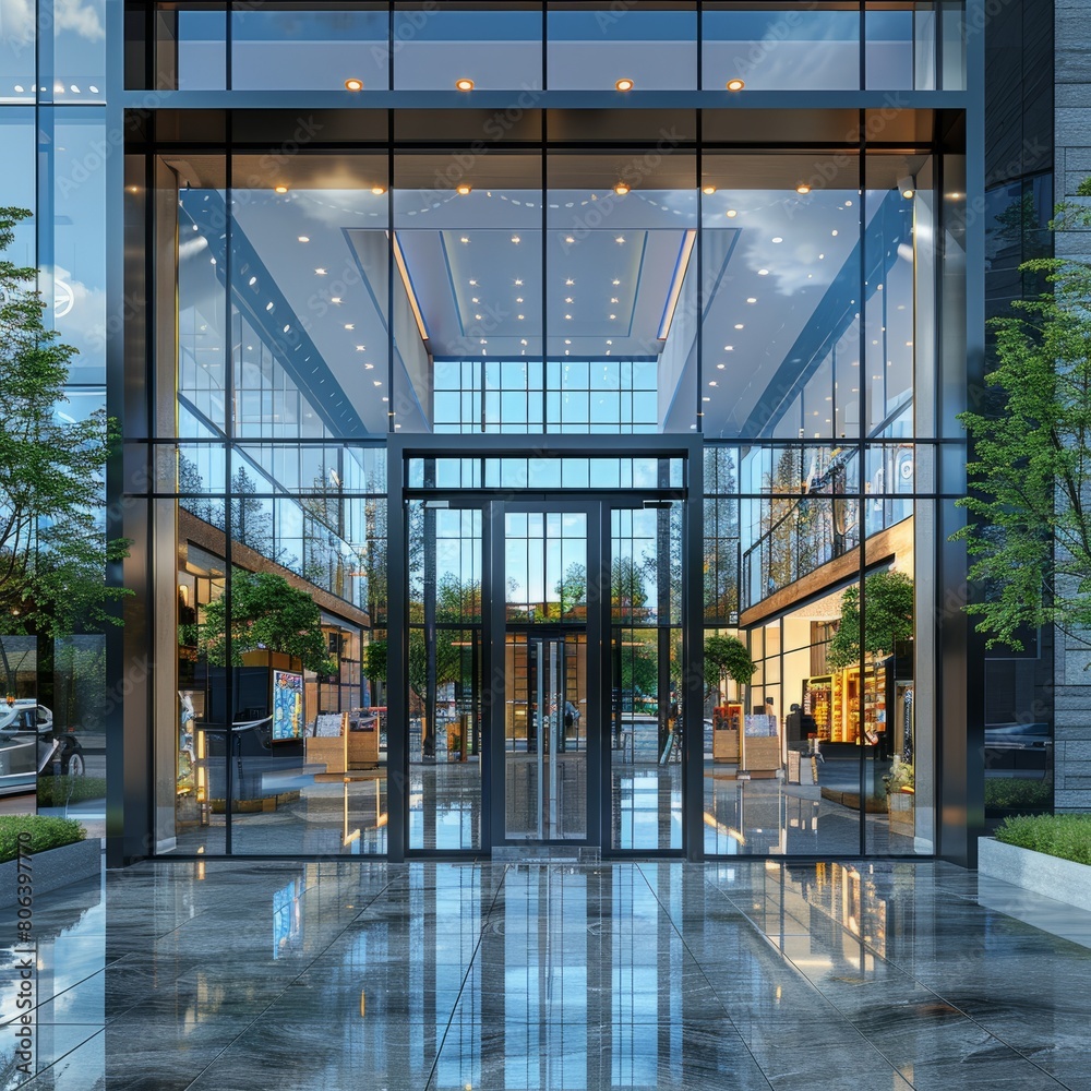 Glass entrance door. Shopping center mall entrance automatic doors with ...