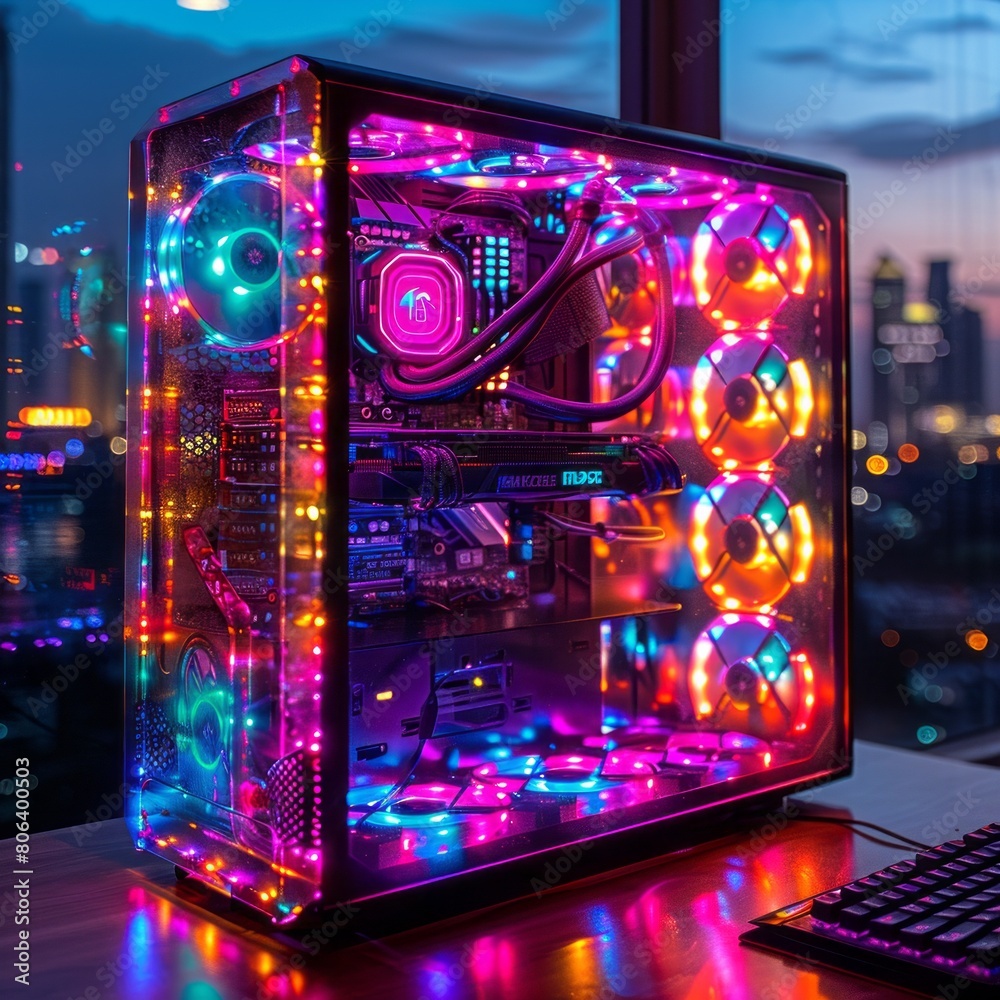 Water Cooled Gaming Pc with RGB rainbow LED lighting. Modern gaming ...