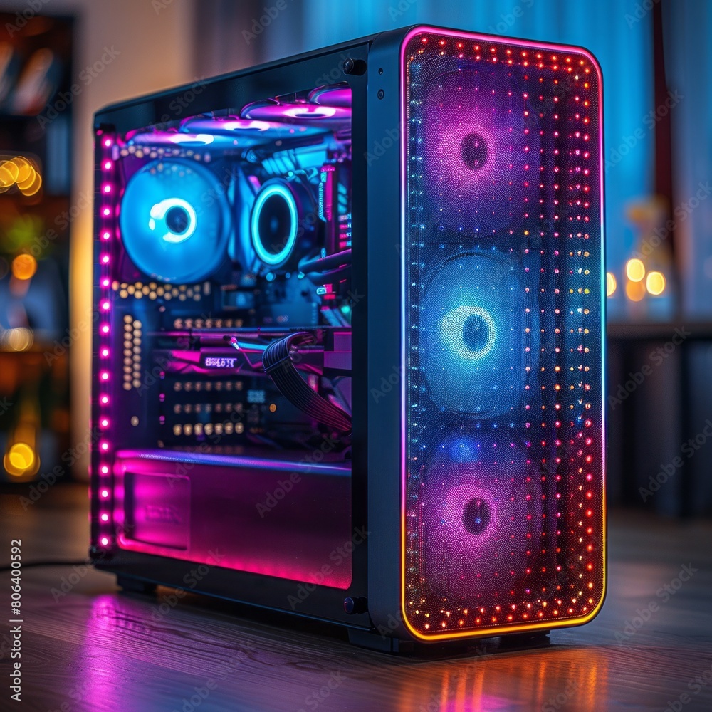 Water Cooled Gaming Pc with RGB rainbow LED lighting. Modern gaming ...