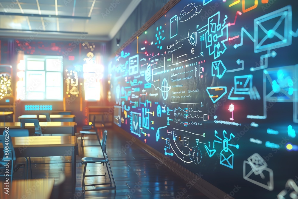 A classroom of the future with empty chairs facing a blackboard with ...