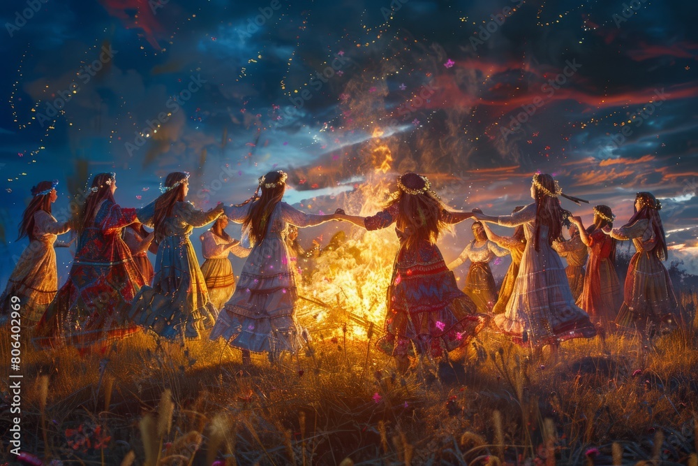 Great bonfire. Ivana kupala illustration. Night meadow celebration ...