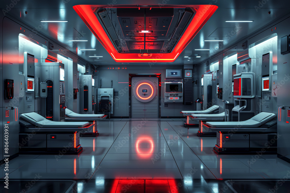 Futuristic medical bay with advanced life support pods, ideal for ...