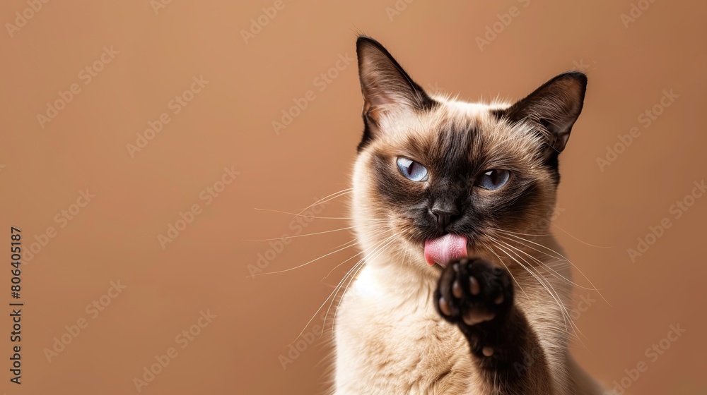 cute playful seal point siamese cat raising paw sticking out tongue ...