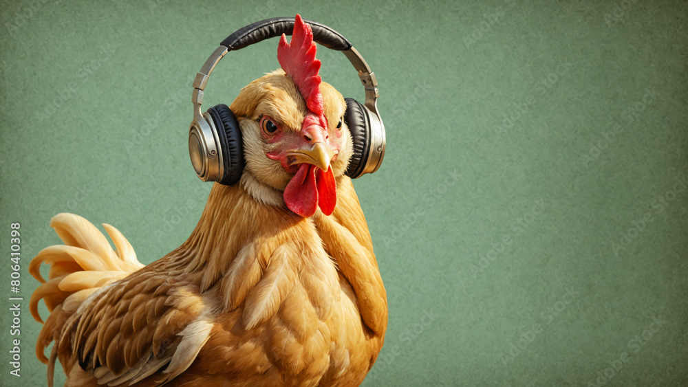 Funny hen chicken wearing big headphones, listening to music. Retro ...