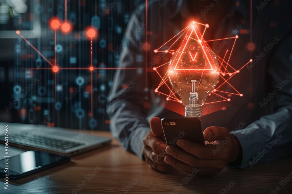 Businessman holding an illuminated light bulb with a digital cyber ...