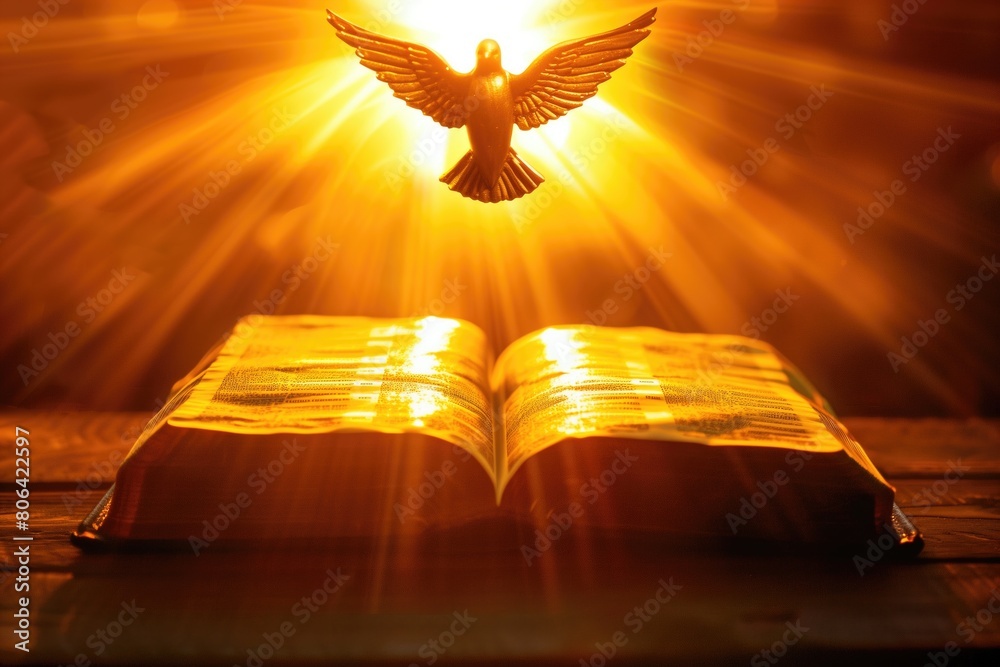 Bright sun light and Holy Spirit dove flying over a bible book ...