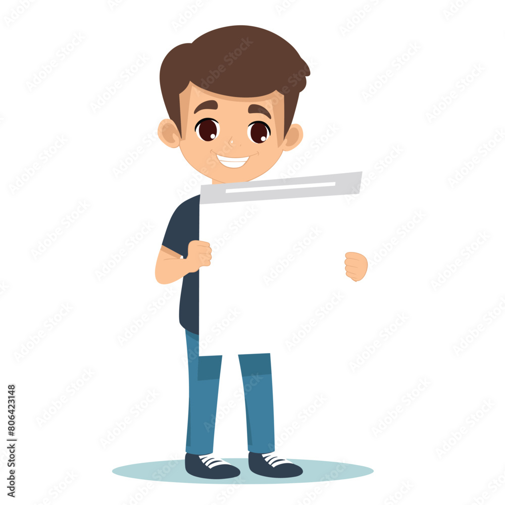 Young cartoon boy smiling holding blank sign board ready text message ...