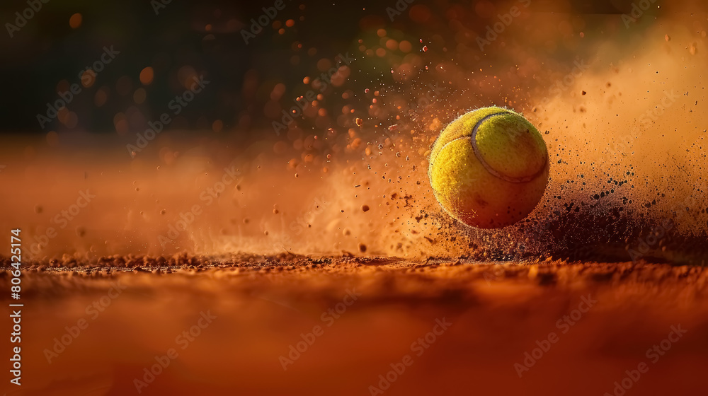 dynamic shot of a tennis ball hitting a clay court with dust particles ...