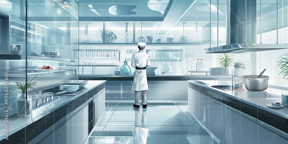 Professional Chef Standing in a Sleek Modern Kitchen with High-End ...
