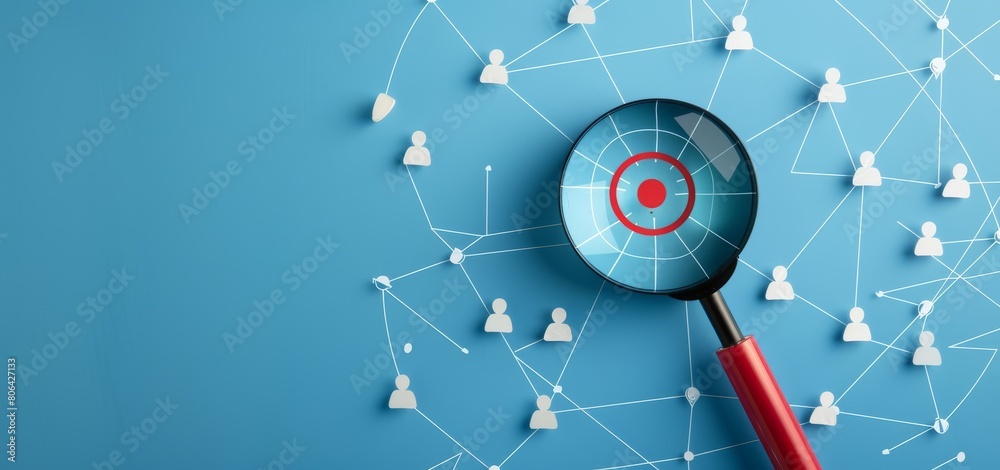 Magnify a magnifying glass over a target and network of people on a ...