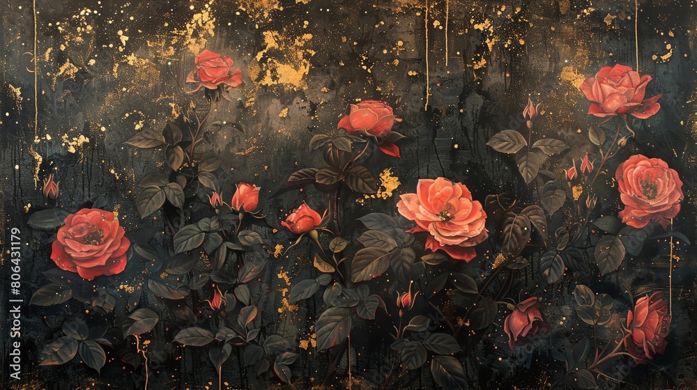 Craft a traditional art piece featuring a unique black rose garden ...