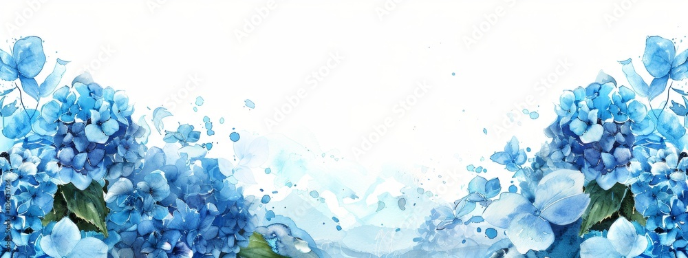 watercolor blue hydrangea border frame, sky background, white space in ...