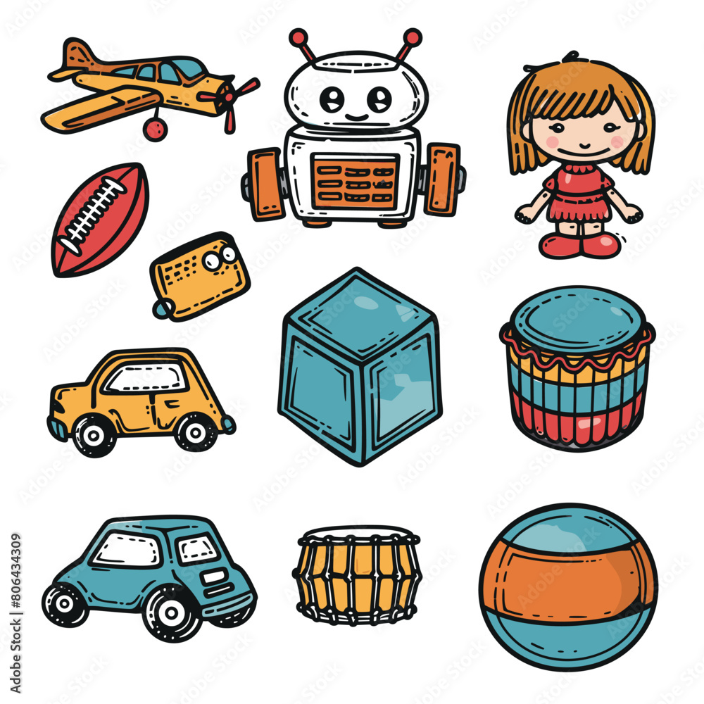Colorful cartoon collection various toys objects. Childs playthings ...