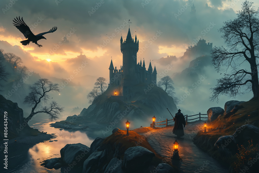 ethereal fantasy concept art of , medieval lighted lookout tower in ...