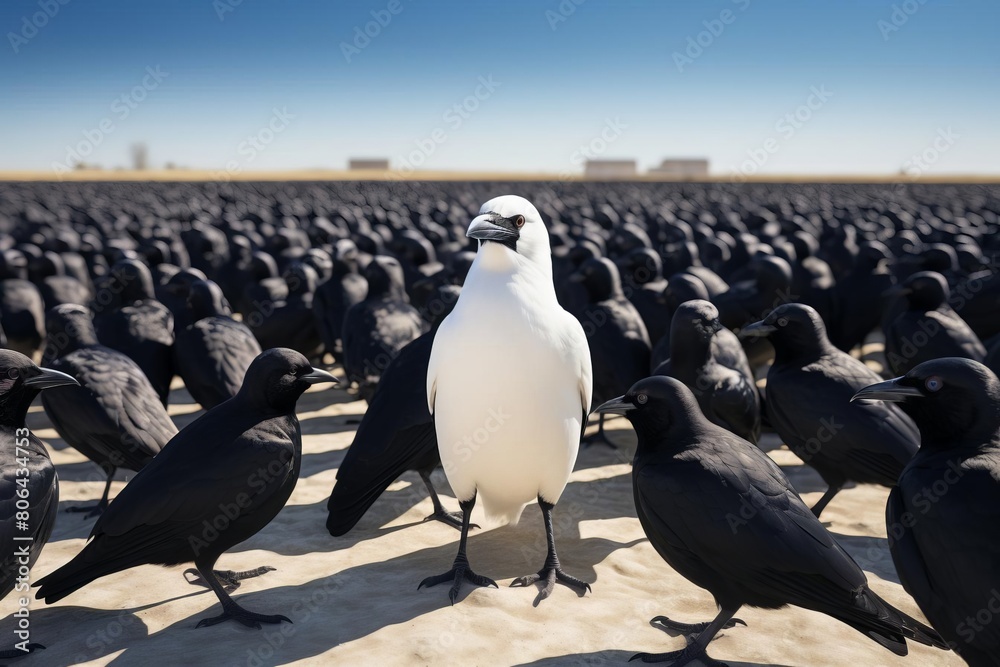 large group of black crows with one white crow standing out from the ...