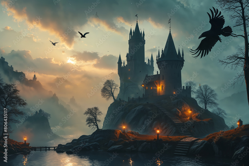 ethereal fantasy concept art of , medieval lighted lookout tower in ...