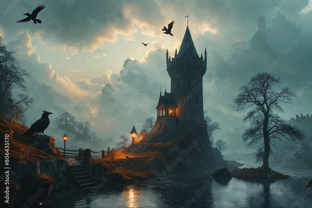 ethereal fantasy concept art of , medieval lighted lookout tower in ...