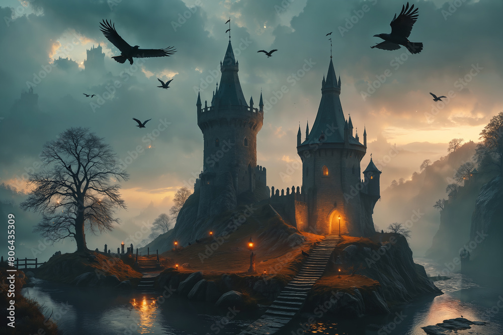 ethereal fantasy concept art of , medieval lighted lookout tower in ...