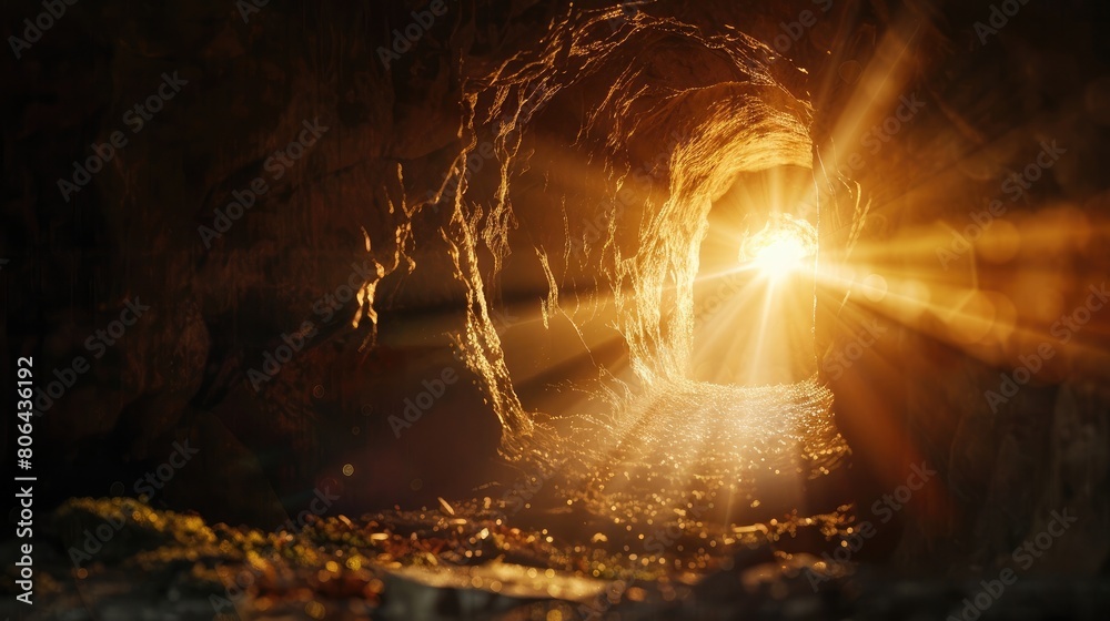 Light rays emanate from an empty tomb, symbolizing the Easter ...