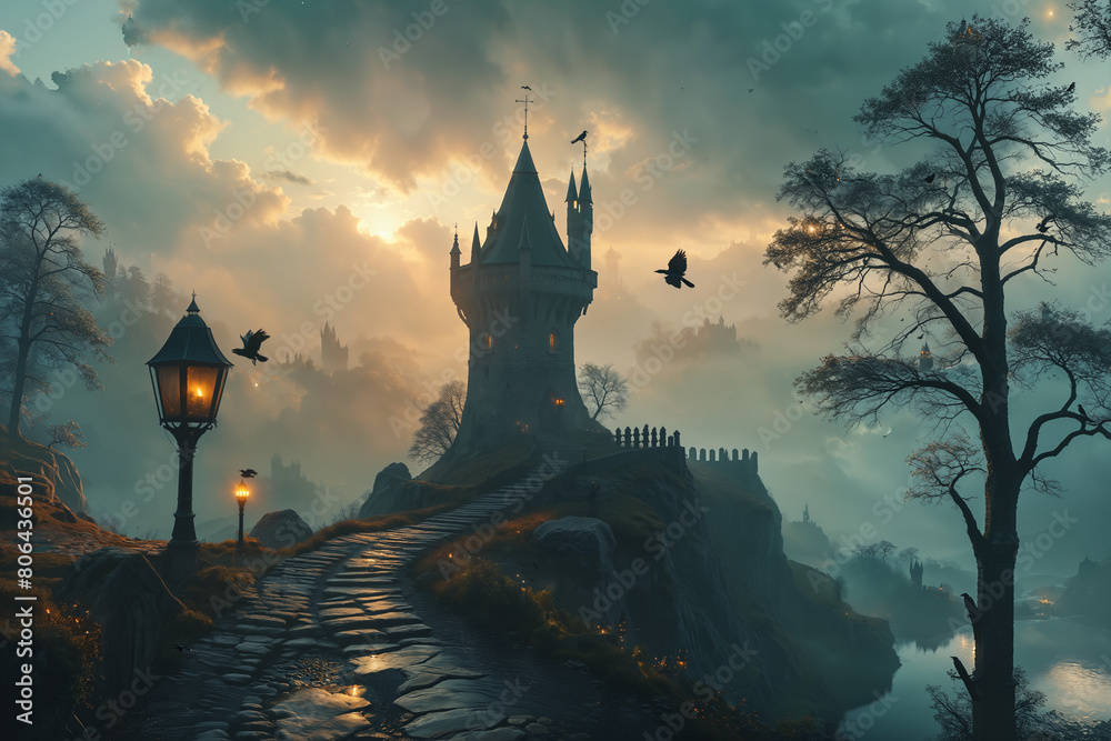 ethereal fantasy concept art of , medieval lighted lookout tower in ...