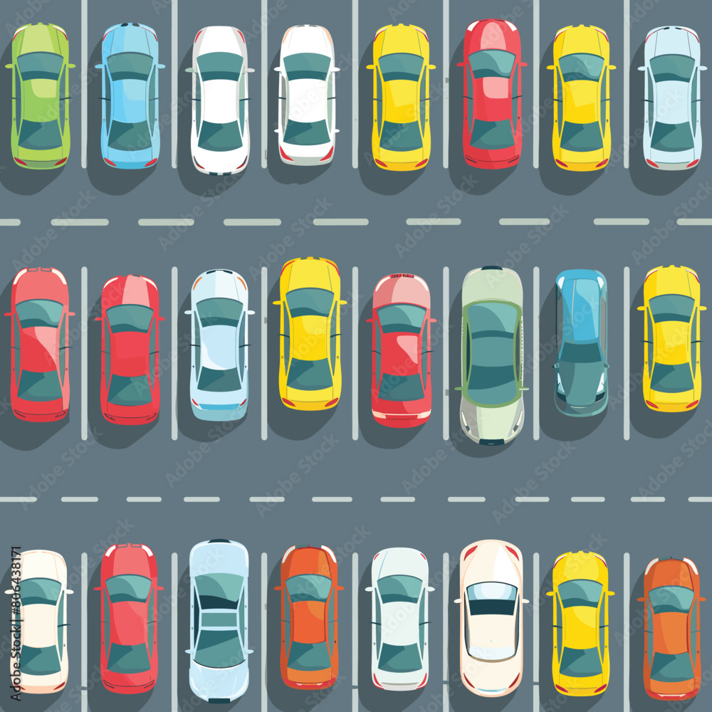 Overhead view colorful parked cars parking lot illustration. Rows ...