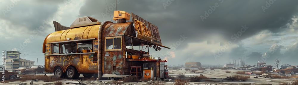 Visualize a post-apocalyptic world where food trucks traverse abandoned ...
