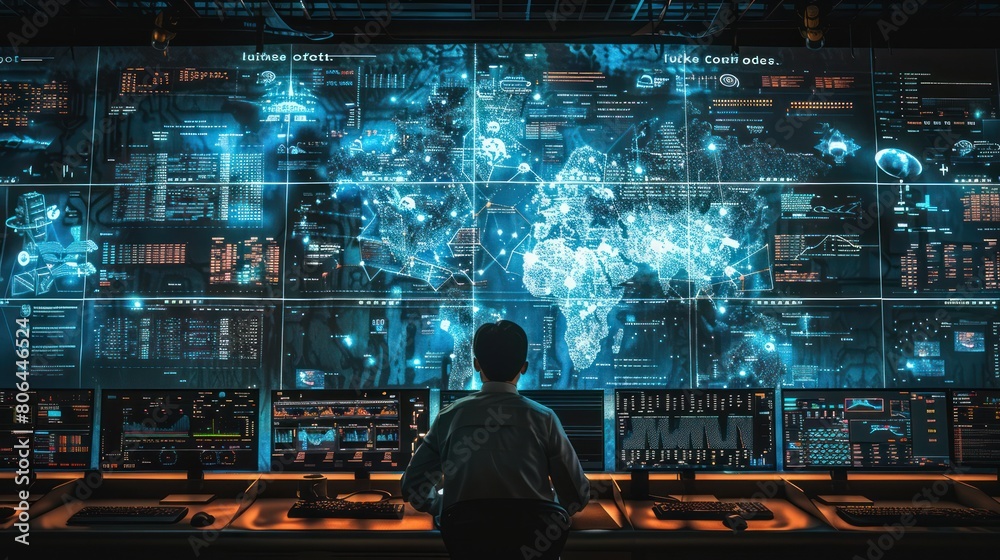 Global Network Monitoring In High Tech Control Room Military Intelligence Operations Stock