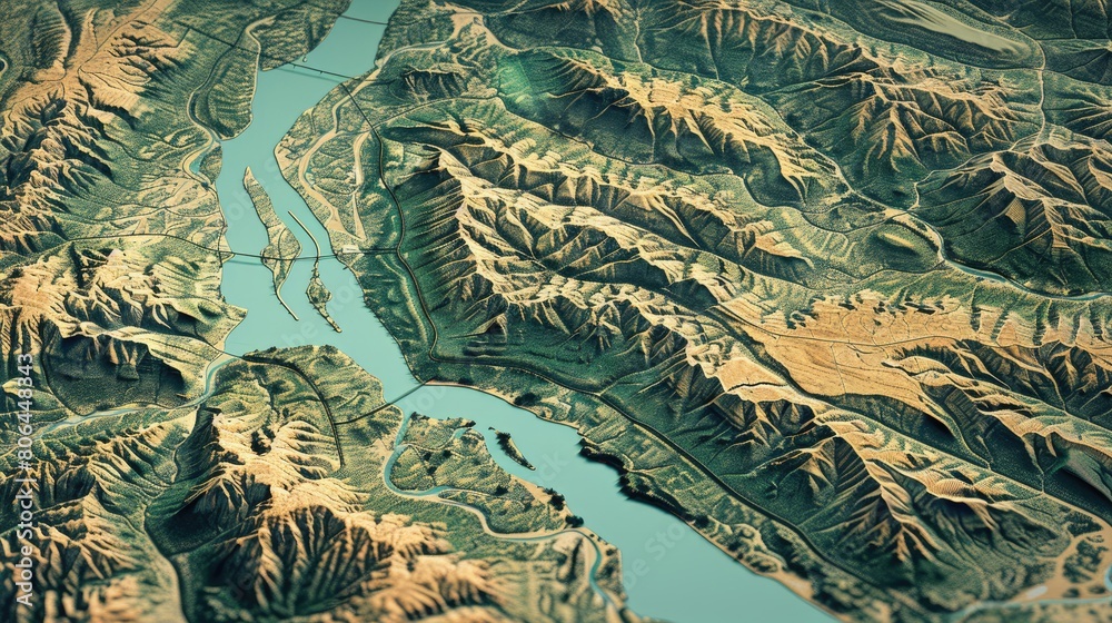 Relief map illustrates mountains and rivers, representing topography ...