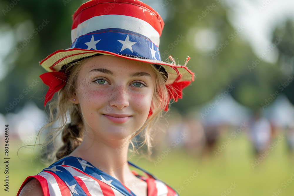 Young majorette dressed in the colors of the American flag for ...