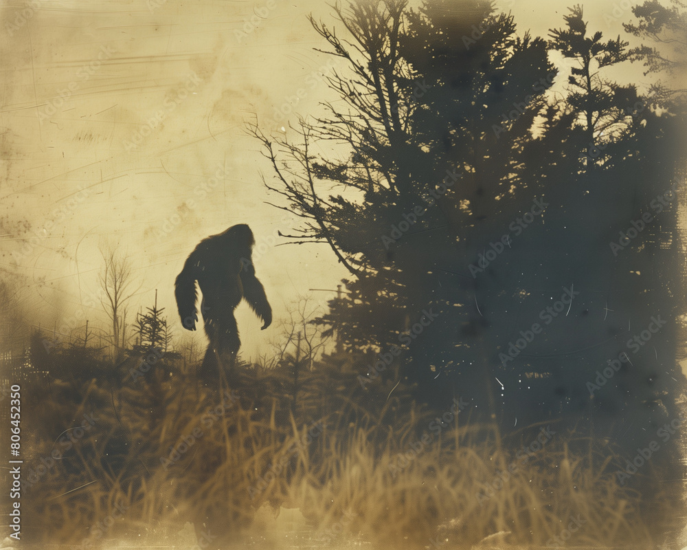 Vintage old photograph in sepia tone with the silhouette of a Bigfoot ...