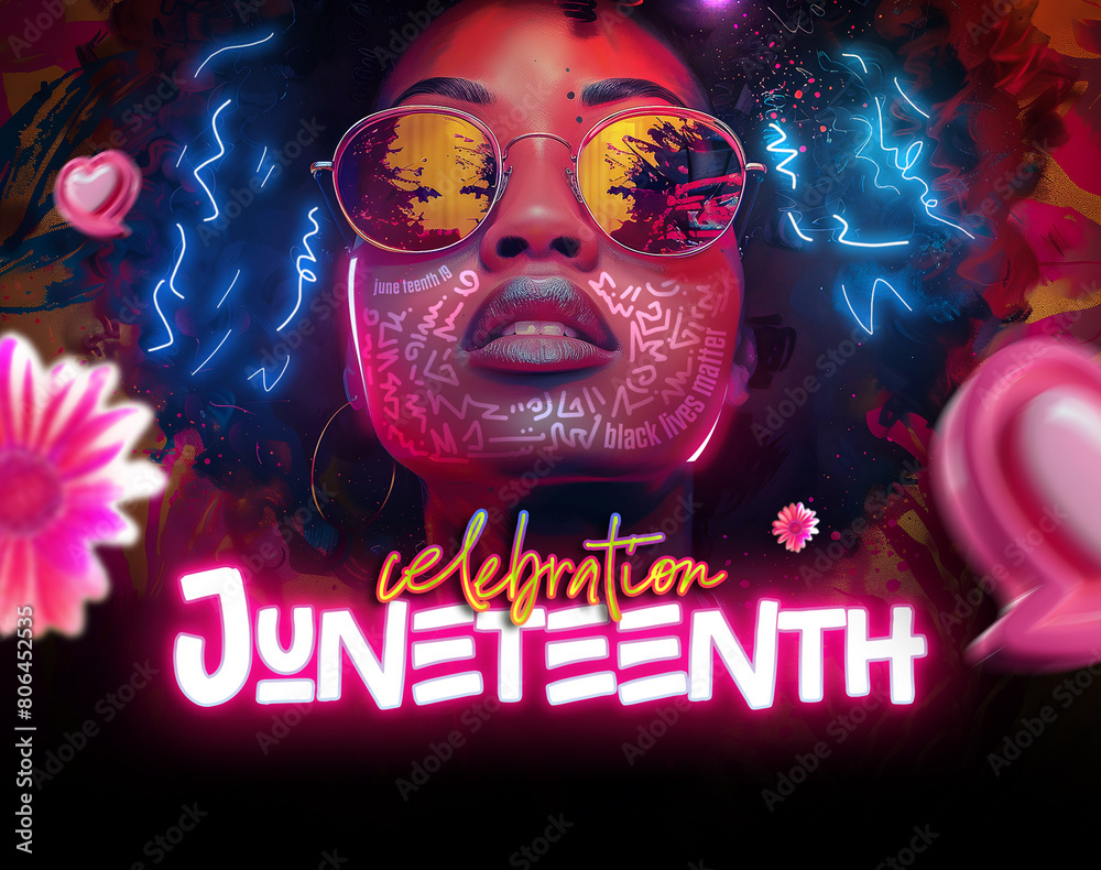 Happy Juneteenth celebration post with neon effect background .and Juneteenth text design happy ...