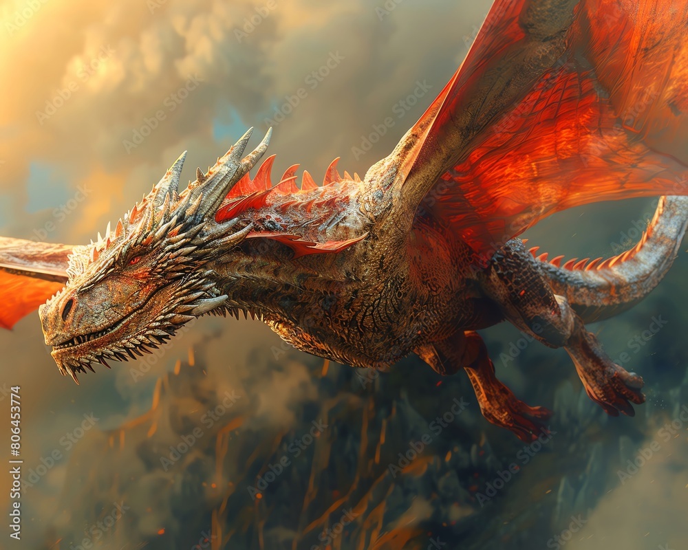 Visualize a mythical dragon in flight with an aerial view twist ...