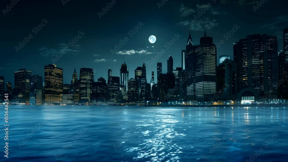 City building background animation at night with water reflection and ...