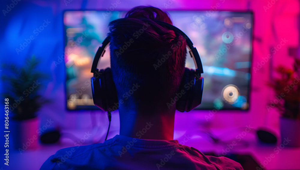 back view of Professional young gamer in headphones is playing a pc ...