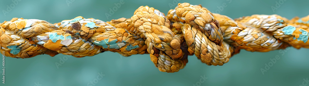 Weathered and encrusted with age, a tightly knotted rope extends ...