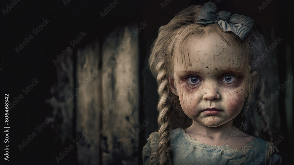 An illustration of a creepy looking doll with human-like features. An ...