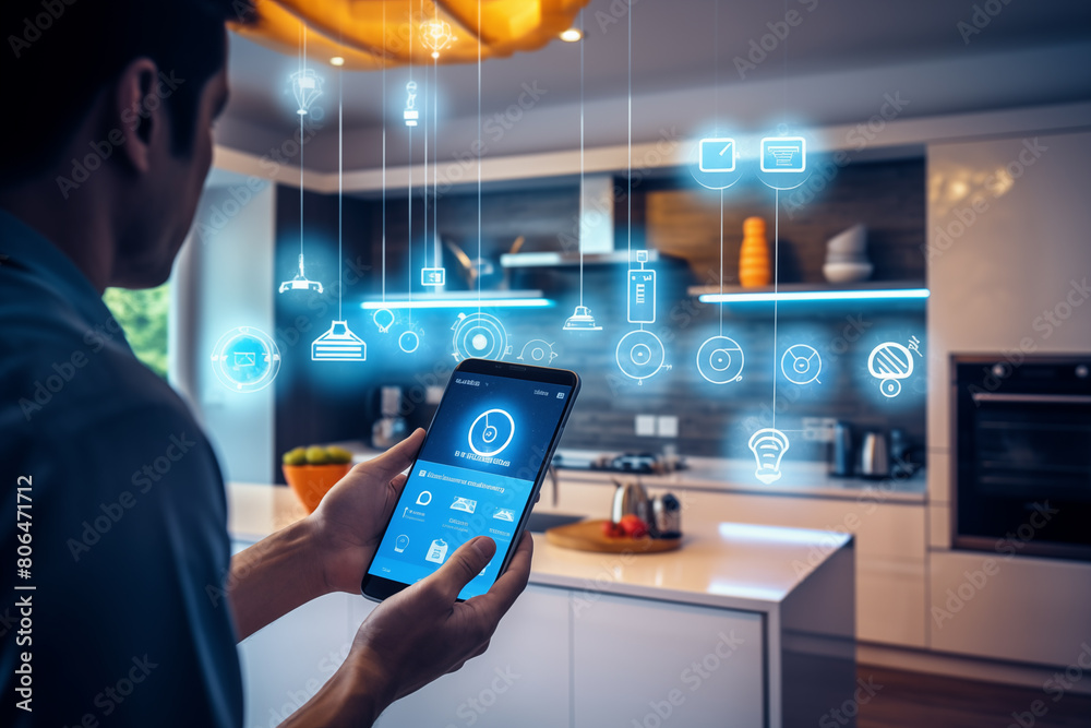 The scene depicts people using AI-enabled devices at home to manage ...