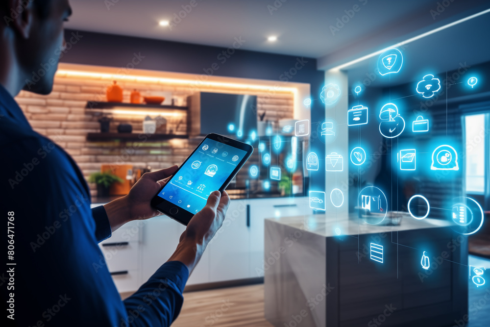 The scene depicts people using AI-enabled devices at home to manage ...