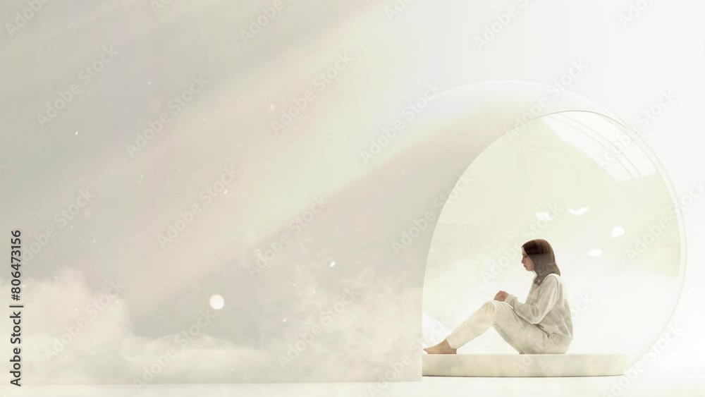 self isolation a woman sitting down in a giant bell. seamless looping ...