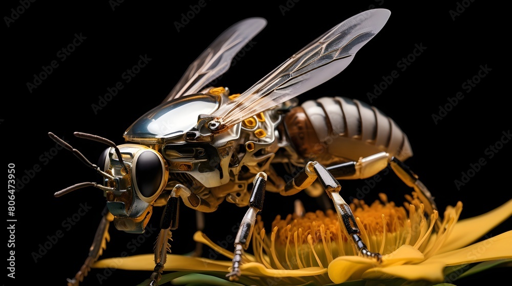 AI-assisted drone bee pollinating flowers with precision, metallic ...