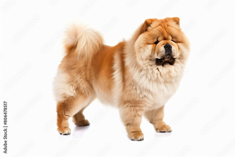Chow Chow in a standing pose on white background, displaying its dense ...