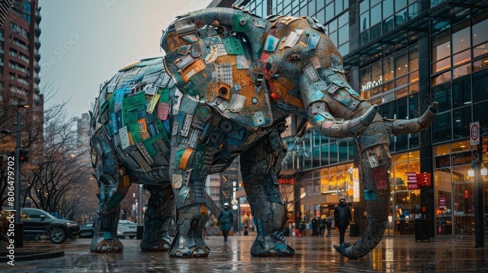 Artistic urban elephants sculpted from recycled materials, displayed on ...