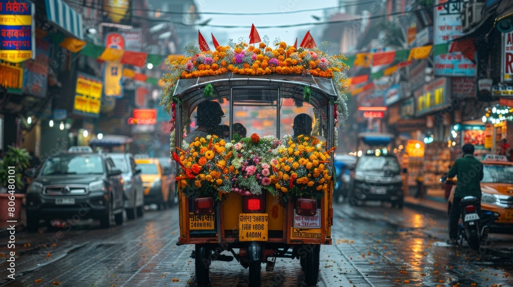 Auto-rickshaw decorated with Indian flags and floral garlands, bustling ...