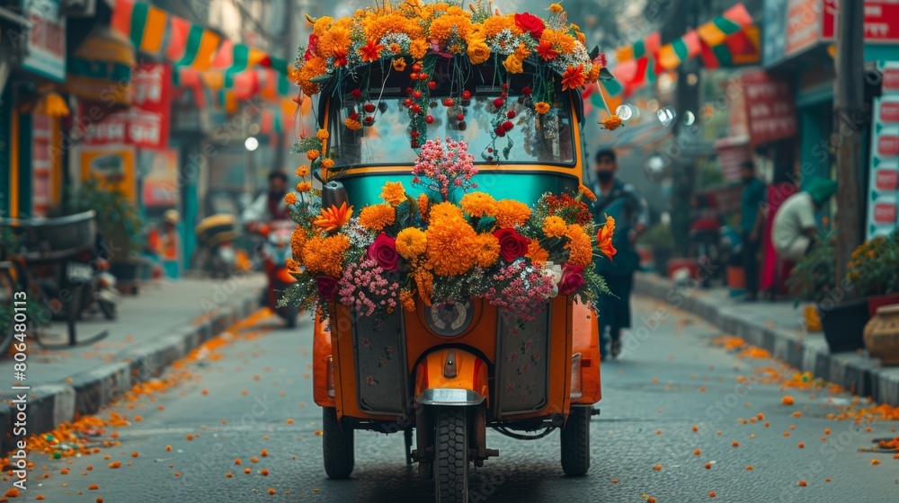 Auto-rickshaw decorated with Indian flags and floral garlands, bustling ...