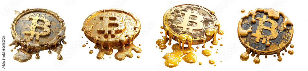 The image shows a row of five gold Molten Bitcoin physical coins ...